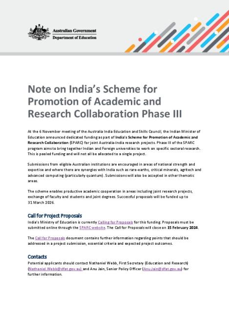 Note on India’s Scheme for Promotion of Academic and Research Collaboration Phase III ...